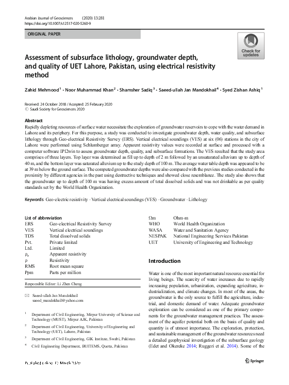Pdf Assessment Of Subsurface Lithology Groundwater Depth And Quality Of Uet Lahore Pakistan
