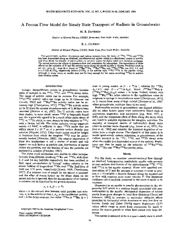 (PDF) A Porous Flow Model for Steady State Transport of Radium in Groundwater