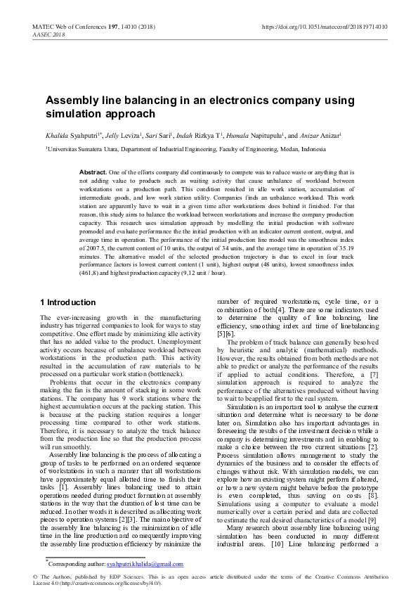 Pdf Assembly Line Balancing In An Electronics Company Using Simulation Approach