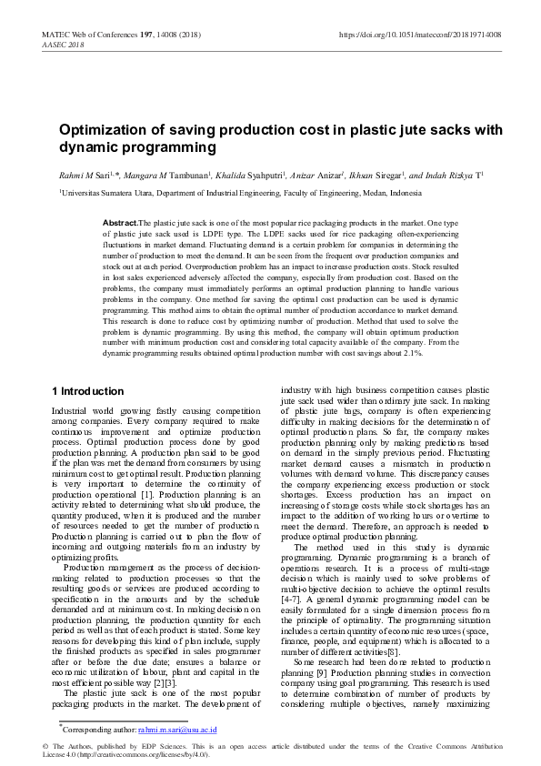 (PDF) Optimization of saving production cost in plastic jute sacks with ...