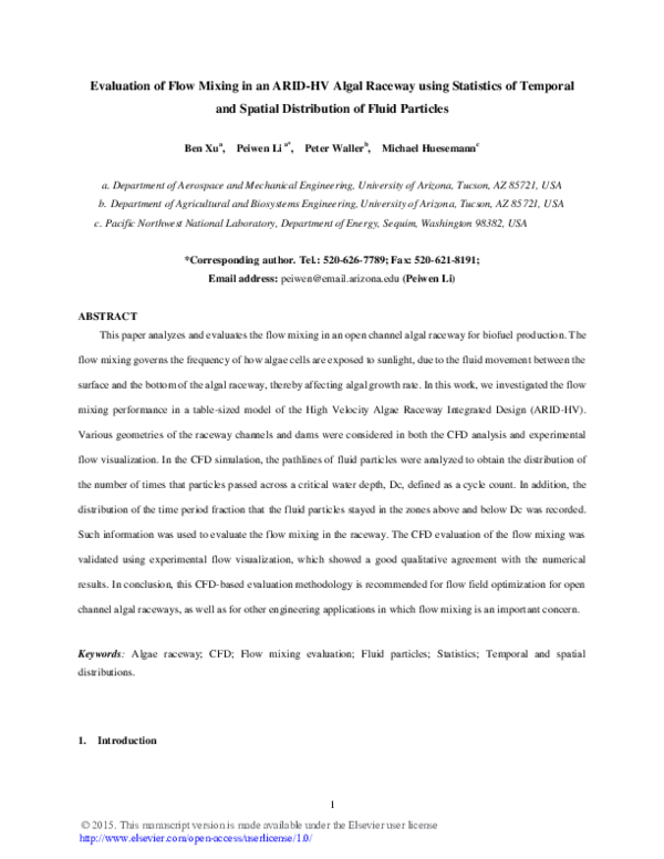 (PDF) Evaluation of flow mixing in an ARID-HV algal raceway using statistics of temporal and ...