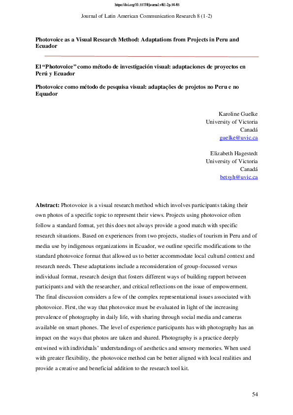 (PDF) Photovoice as a Visual Research Method: Adaptations from Projects ...