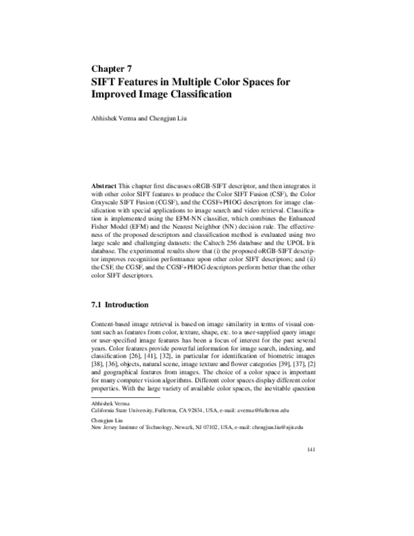 Pdf Sift Features In Multiple Color Spaces For Improved Image Classification Abhishek Verma 
