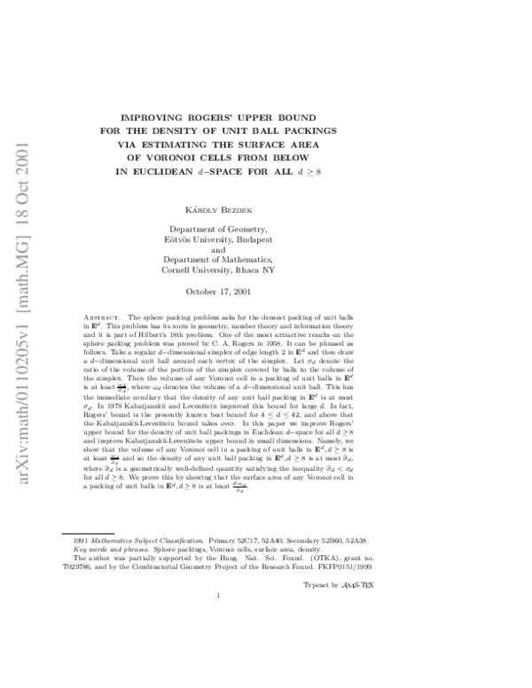 (PDF) Improving Rogers' Upper Bound for the Density of Unit Ball Packings via Estimating the ...