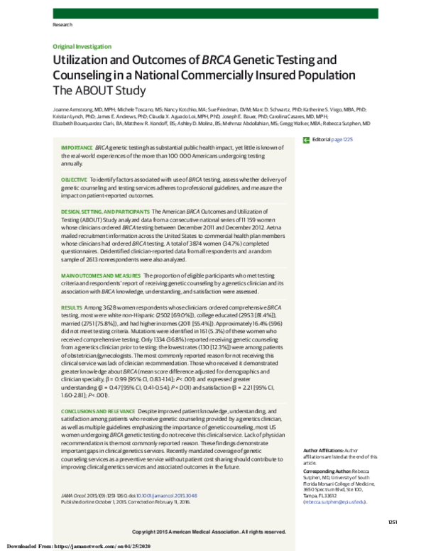 (PDF) Utilization and Outcomes of BRCA Genetic Testing and Counseling ...
