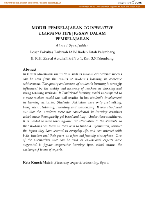 (PDF) Model Pembelajaran Cooperative Learning Tipe Jigsaw Dalam Pembelajaran