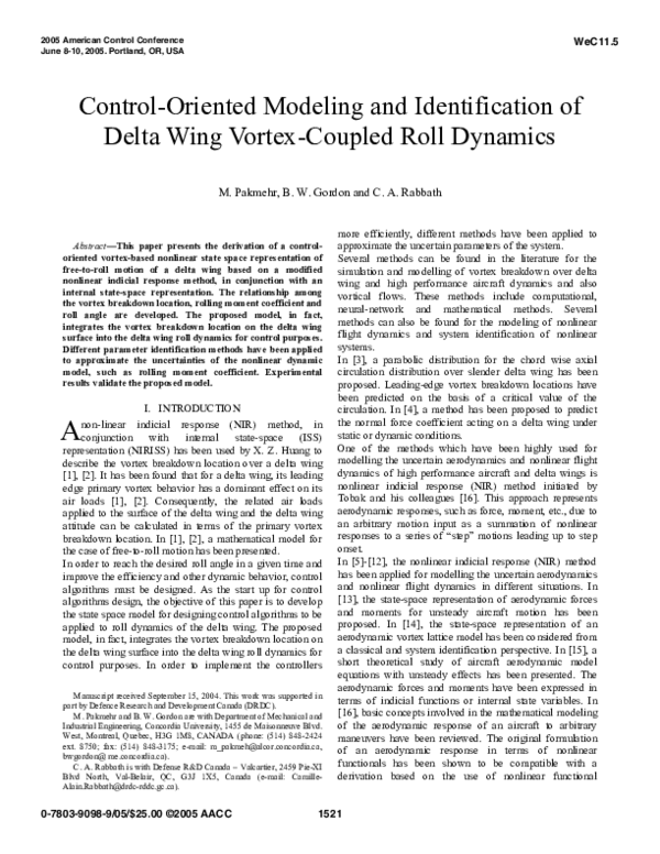 Pdf Control Oriented Modeling And Identification Of Delta Wing Vortex Coupled Roll Dynamics