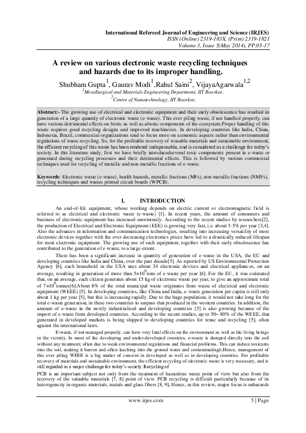 (PDF) A review on various electronic waste recycling techniques and ...