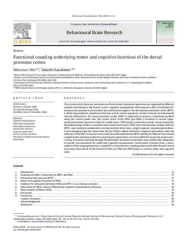 (PDF) Functional coupling underlying motor and cognitive functions of the dorsal premotor cortex