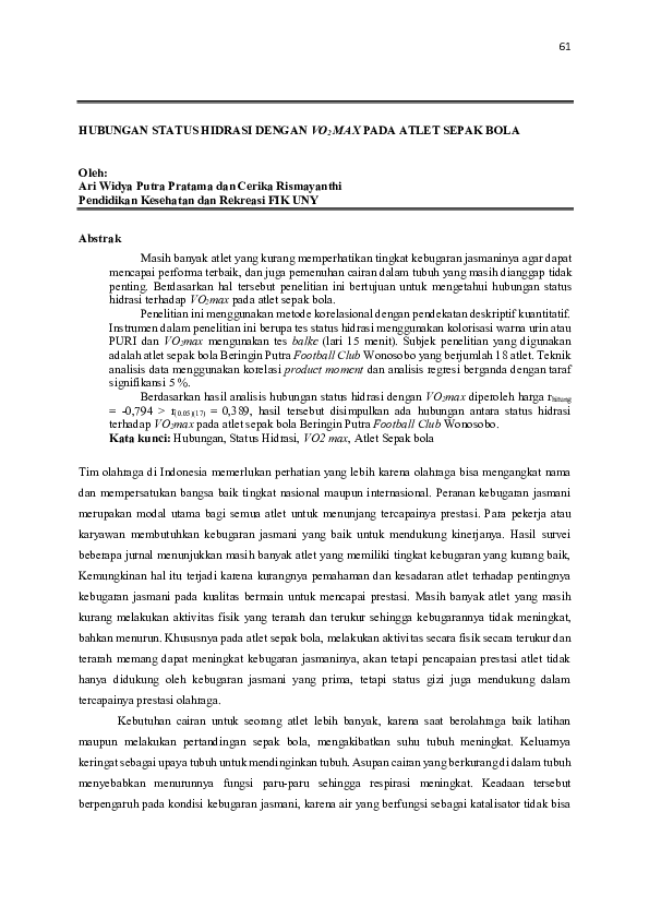 (PDF) Hubungan Status Hidrasi Dengan VO2 Max Pada Atlet Sepak Bola