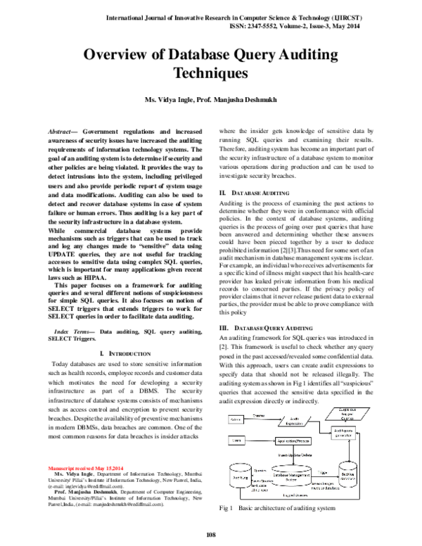 (PDF) Overview of Database Query Auditing Techniques Ms