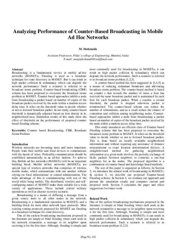 (PDF) Analyzing Performance of Counter-Based Broadcasting in Mobile Ad Hoc Networks