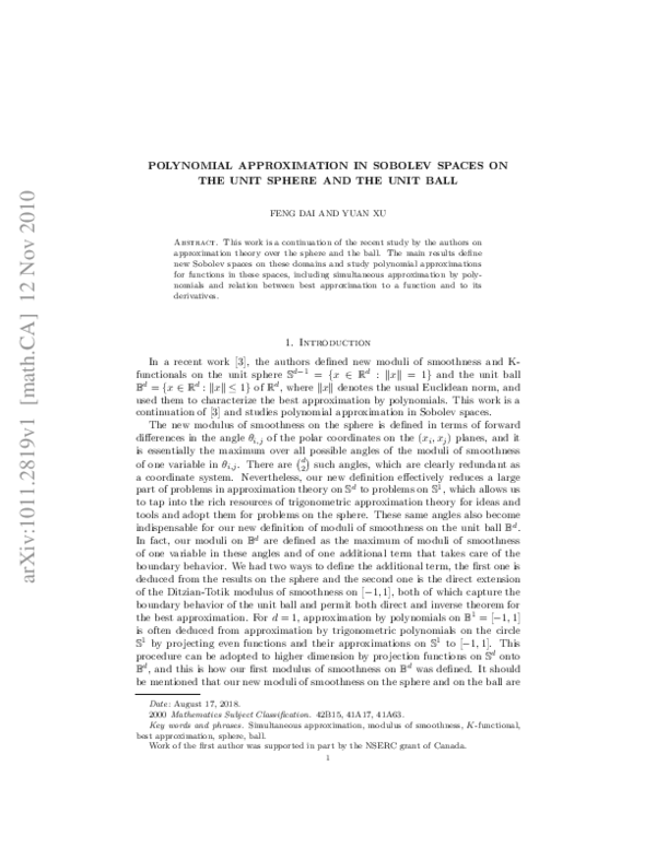 Pdf Polynomial Approximation In Sobolev Spaces On The Unit Sphere And The Unit Ball Feng Dai