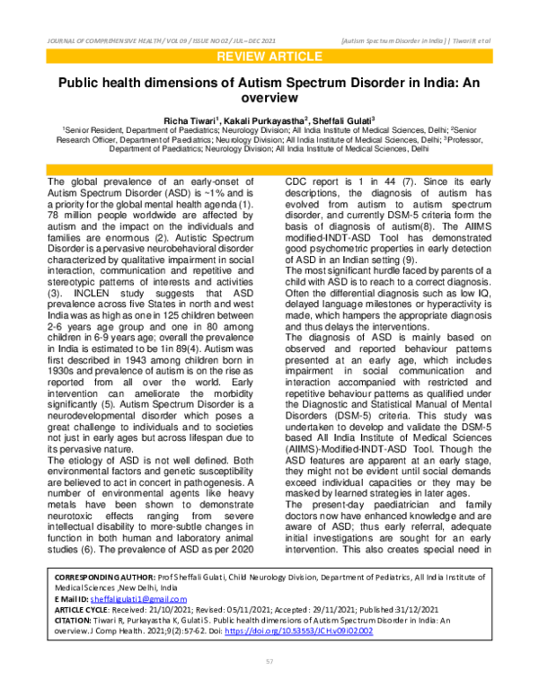 (PDF) Public Health Dimensions of Autism Spectrum Disorder in India: An ...