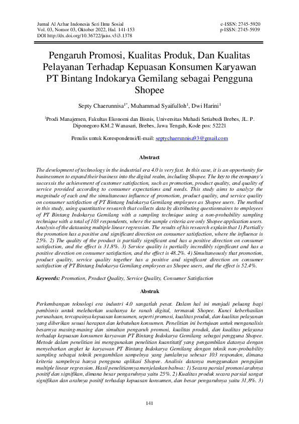 (PDF) Pengaruh Promosi, Kualitas Produk, Dan Kualitas Pelayanan Terhadap Kepuasan Konsumen ...