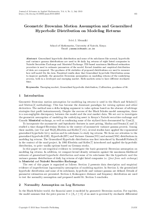 (PDF) Geometric Brownian Motion Assumption and Generalized Hyperbolic Distribution on Modeling ...