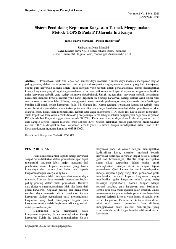 (PDF) Sistem Pendukung Keputusan Karyawan Terbaik Menggunakan Metode Topsis Pada Pt. Garuda Inti ...