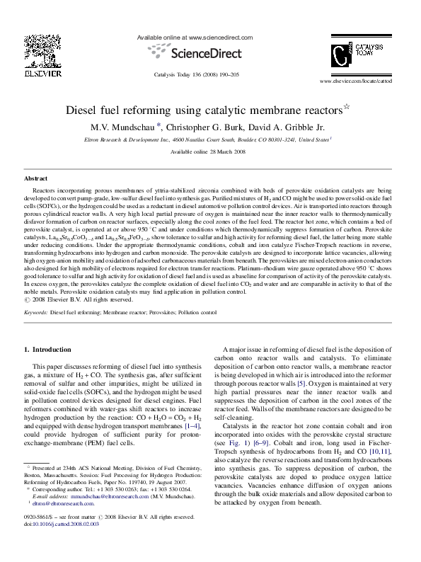 (PDF) Diesel fuel reforming using catalytic membrane reactors☆