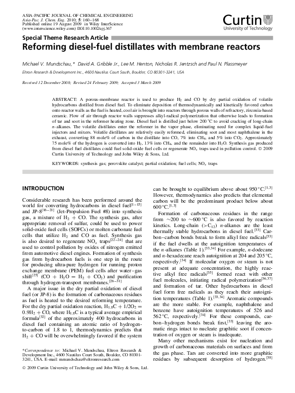 (PDF) Reforming diesel-fuel distillates with membrane reactors