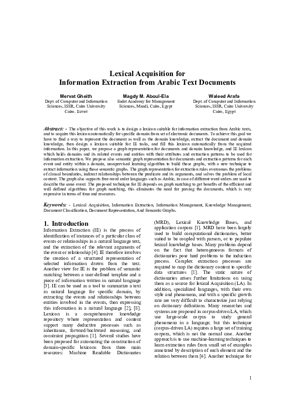 Pdf Lexical Acquisition For Information Extraction From Arabic Text Document