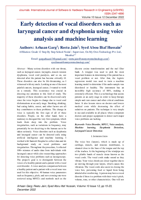 (PDF) Early detection of vocal disorders such as laryngeal cancer and dysphonia using voice ...