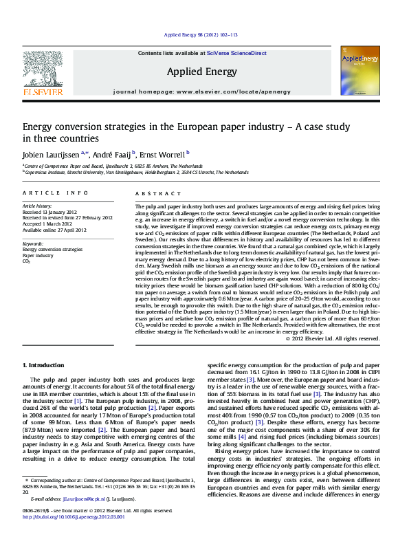 (PDF) Energy conversion strategies in the European paper industry – A ...