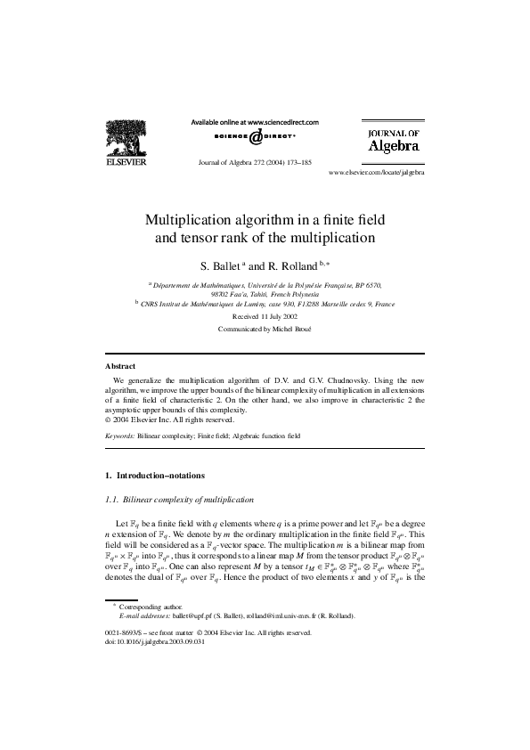 (PDF) Multiplication algorithm in a finite field and tensor rank of the ...