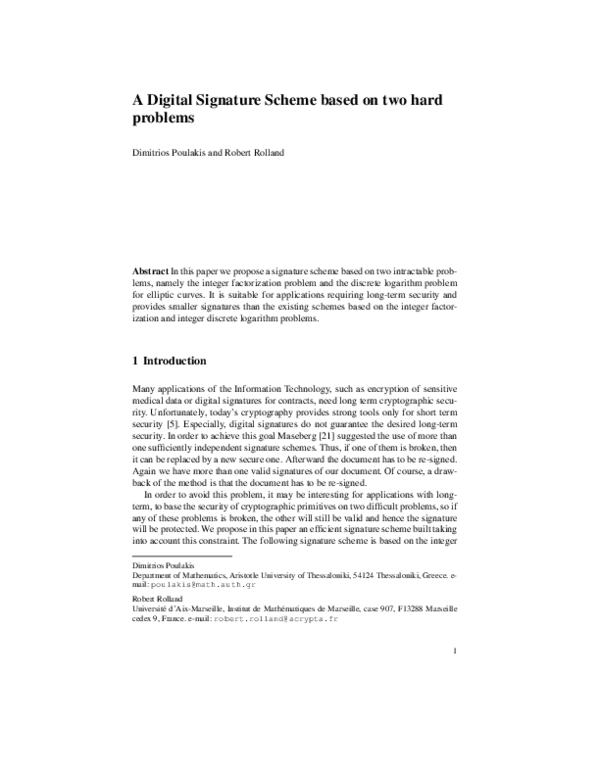 (PDF) A Digital Signature Scheme Based on Two Hard Problems