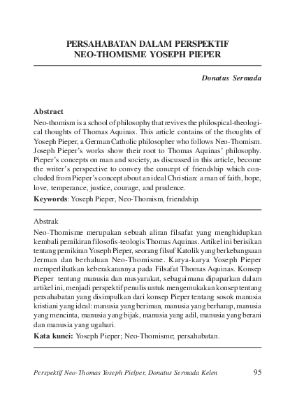 (PDF) Persahabatan Dalam Perspektif Neo-Thomisme Yoseph Pieper