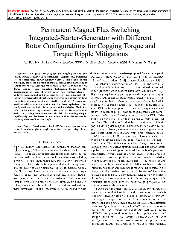 (PDF) Permanent-Magnet Flux-Switching Integrated Starter Generator With ...