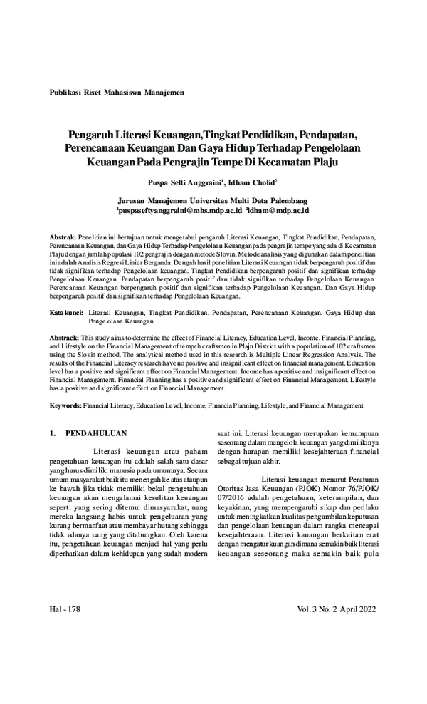 (PDF) Pengaruh Literasi Keuangan,Tingkat Pendidikan, Pendapatan, Perencanaan Keuangan Dan Gaya ...