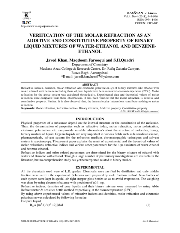 (PDF) Verification of the molar refraction as an additive and ...
