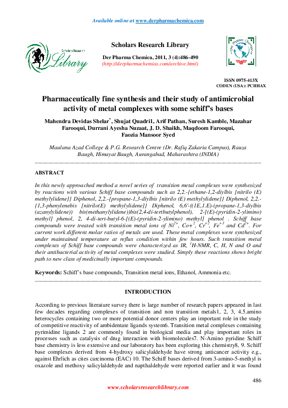 (PDF) Pharmaceutically fine synthesis and their study of antimicrobial activity of metal ...