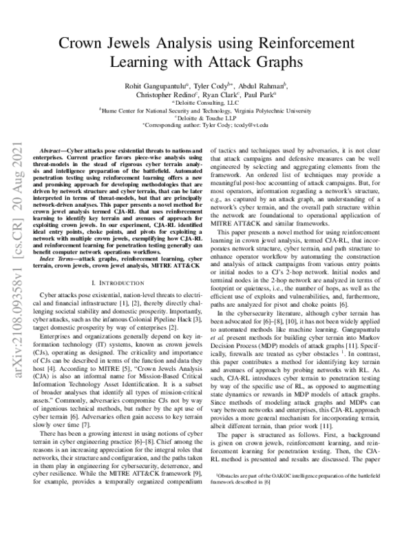 (PDF) Crown Jewels Analysis using Reinforcement Learning with Attack Graphs | Rohit Gangupantulu ...