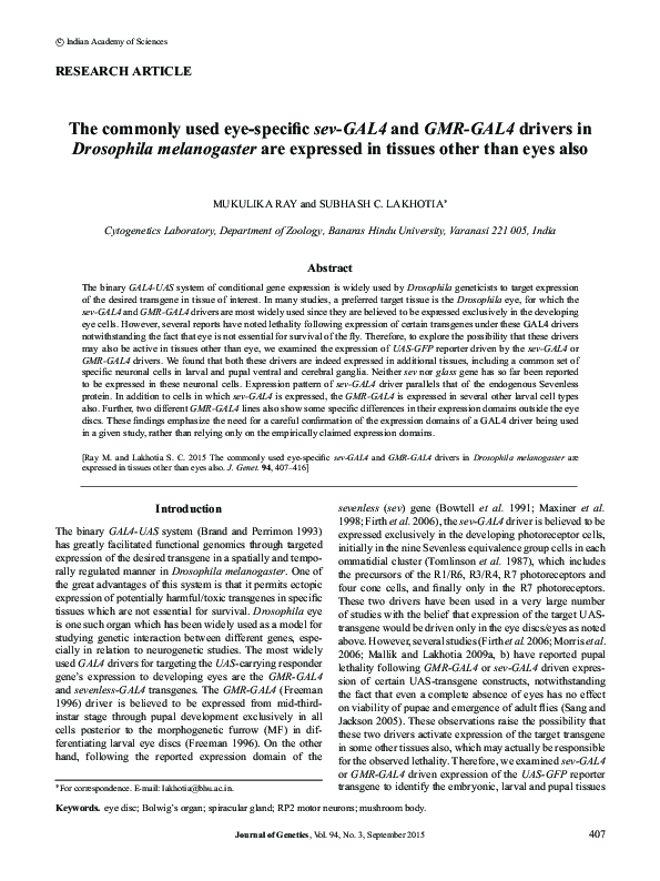 (PDF) The commonly used eye-specific sev-GAL4 and GMR-GAL4 drivers in ...
