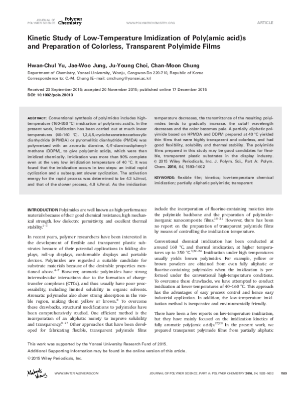 (PDF) Kinetic study of low-temperature imidization of poly(amic acid)s ...