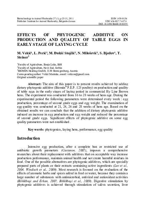(PDF) Effects of phytogenic additive on production and quality of table eggs in early stage of ...
