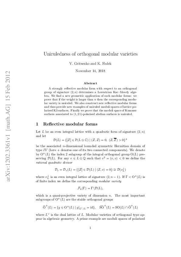 (PDF) 2 Uniruledness of orthogonal modular varieties