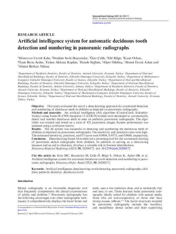 (PDF) Artificial intelligence system for automatic deciduous tooth detection and numbering in ...