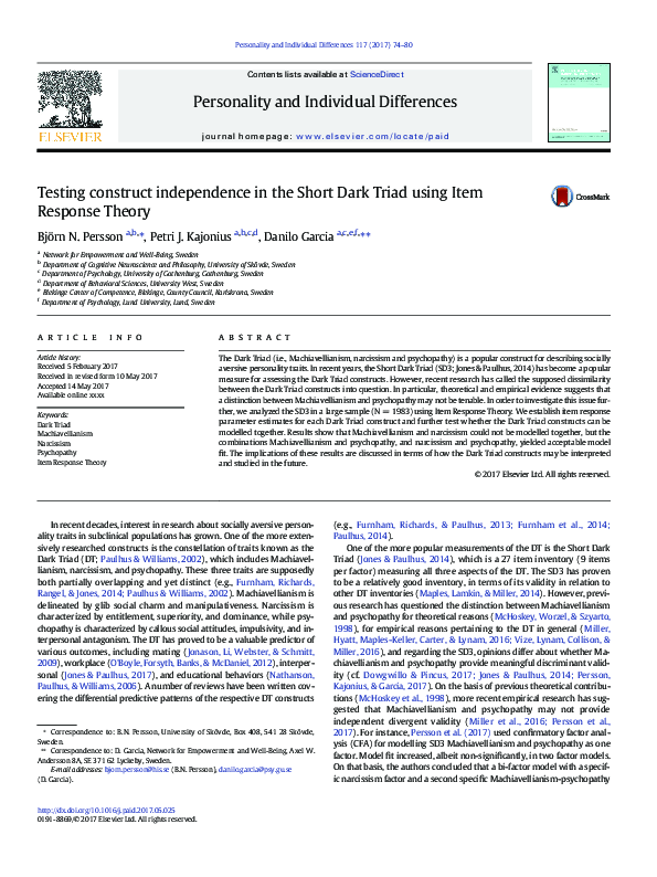 (PDF) Testing construct independence in the Short Dark Triad using Item ...