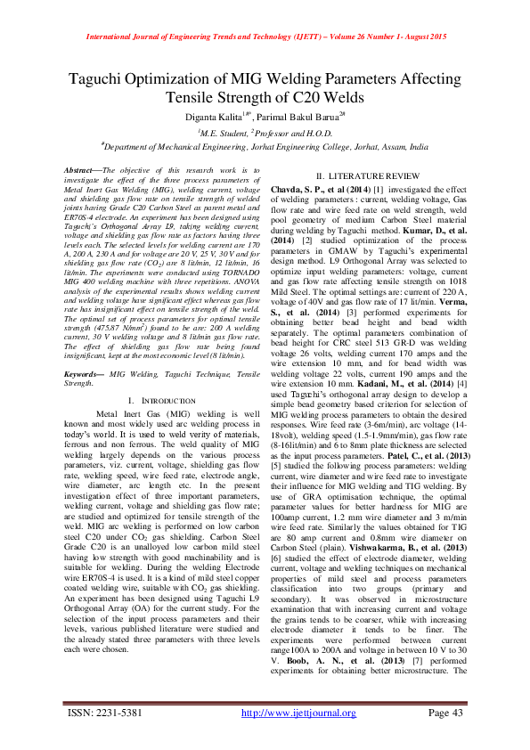 (PDF) Taguchi Optimization of MIG Welding Parameters Affecting Tensile Strength of C20 Welds