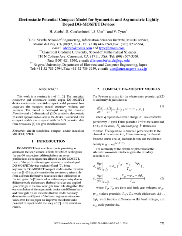 (PDF) Electrostatic Potential Compact Model for Symmetric and ...