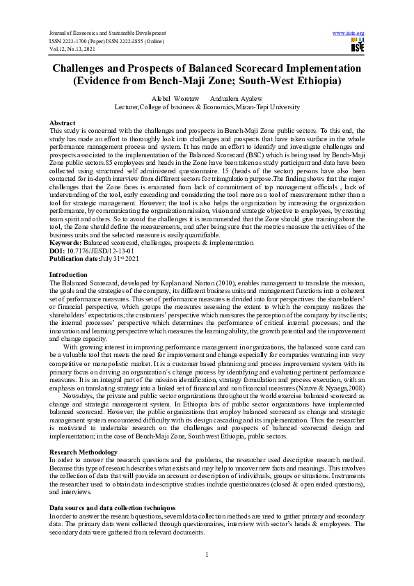 (PDF) Challenges and Prospects of Balanced Scorecard Implementation (Evidence from Bench-Maji ...