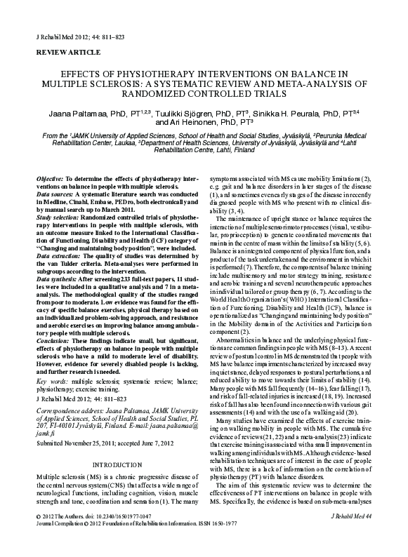 (PDF) Effects of physiotherapy interventions on balance in multiple ...