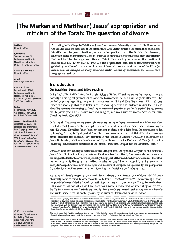 (PDF) (The Markan and Matthean) Jesus’ appropriation and criticism of ...