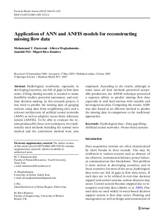 Pdf Application Of Ann And Anfis Models For Reconstructing Missing