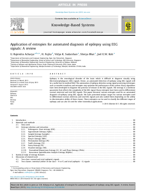 (PDF) Application of entropies for automated diagnosis of epilepsy using EEG signals: A review