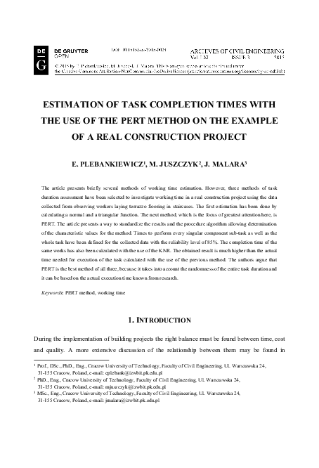 (PDF) Estimation Of Task Completion Times With The Use Of The PERT Method On The Example Of A ...