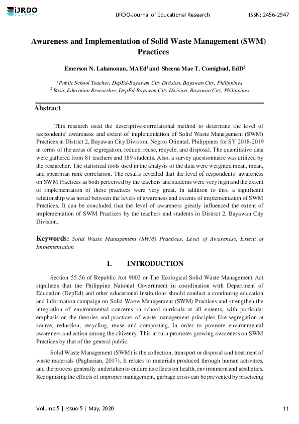 (PDF) Awareness and Implementation of Solid Waste Management (SWM ...