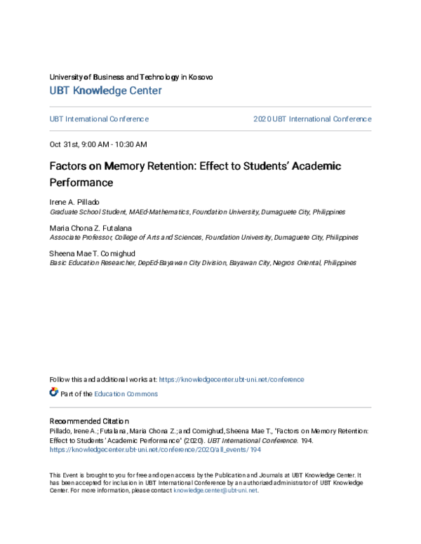 (PDF) Factors on Memory Retention: Effect to Students’ Academic Performance